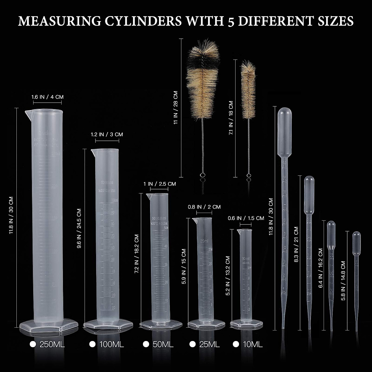 Lurrose Graduated Cylinders Set 5 Plastic Measuring Cylinders Lab Test Tube 250ml, 100ml, 50ml, 25ml, 10ml with 4 Droppers 2 Tube Brushes for Science Projects School
