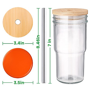 6 Pack Glass Tumbler with Lid and Straw, 24 oz Reusable Boba Smoothie Cups Iced Coffee Mason Jar Drinking Glasses for Bubble Tea, Beer.