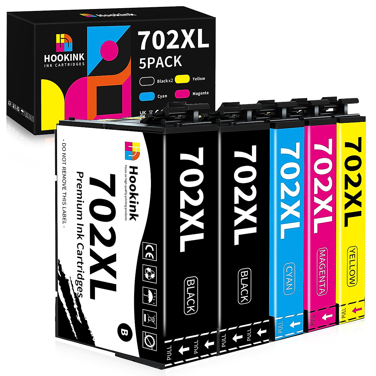 Hookink 702XL Ink Cartridges Combo Pack 5-Pack Remanufactured Replacement for Epson 702 XL Ink Cartridges Work with Workforce Pro WF-3720 WF-3730 WF-3733 (2 Black, 1 Cyan, 1 Magenta, 1 Yellow)