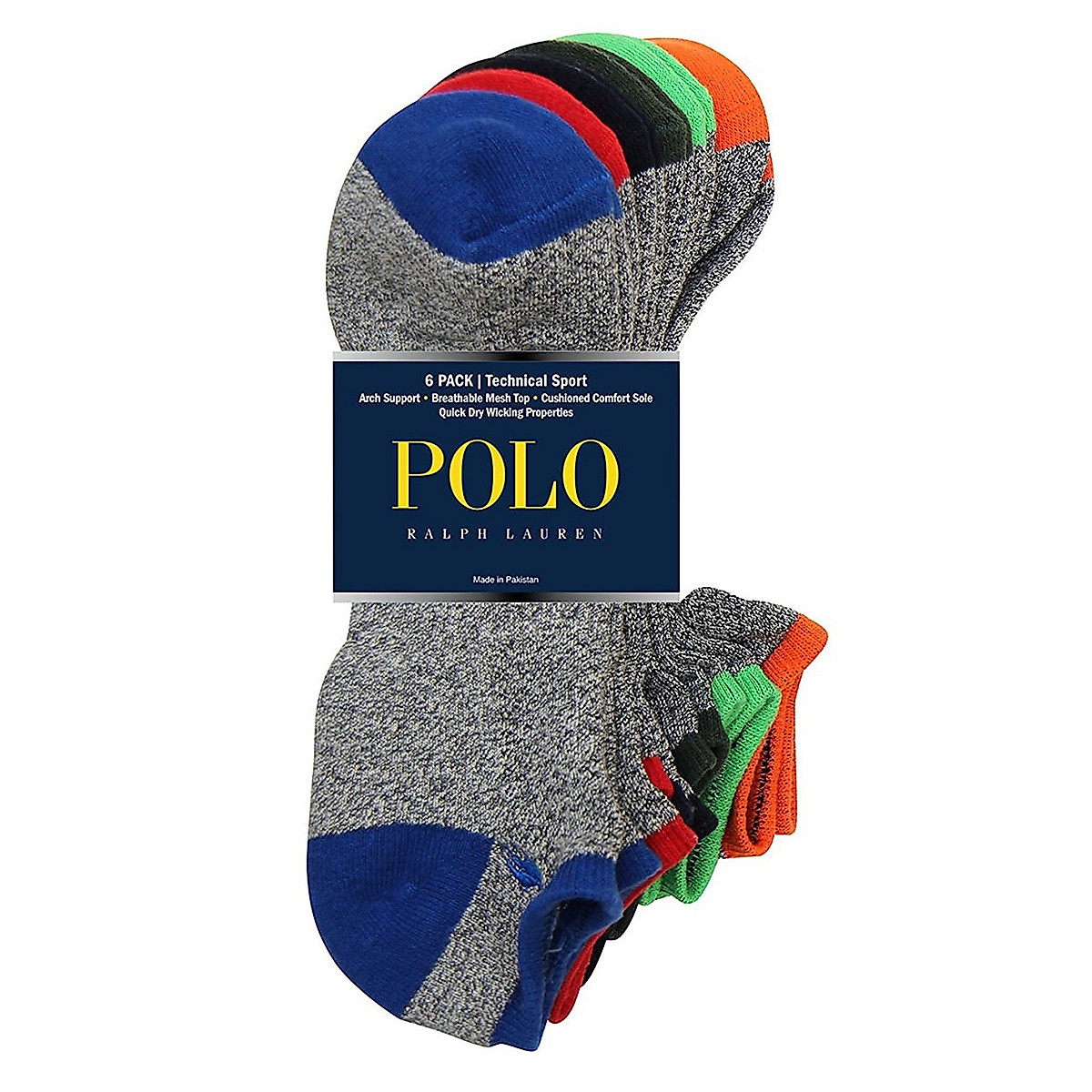 Polo Ralph Lauren 6-Pack Technical Sport Ped Socks (One Size, Grey Multi)