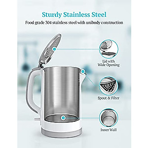 Electric Kettle, Double Wall 100% Stainless Steel Cool Touch Tea Kettle with 1500W Fast Boiling Heater, Auto Shut-Off & Boil Dry Protection, BPA-Free, White
