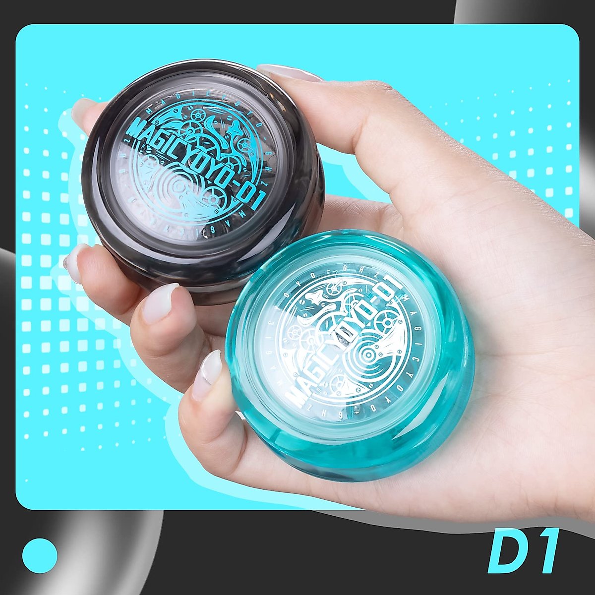 Looping Yoyo D1 Responsive Yoyo for Kids - 2A Loop Yoyo for Beginner, Starter Yoyo Easy to Play Basic String Tricks Yoyo with 12 Yoyo Strings, 2 Bags, 2 Yoyo Gloves(Crystal Black and Crystal Blue)