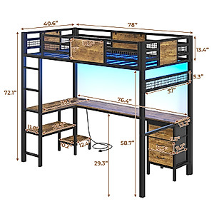 BTHFST Twin Loft Bed with L-Shaped Desk, Metal Twin Size Bed Frame with LED Lights & Charging Sation, 3 Fabric Drawers, 2-Tier Storage Shelves, Safety Guard & Ladder, No Box Spring Needed
