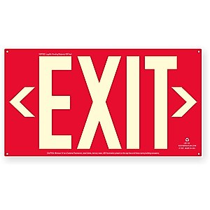 OSHA 100 ft Photoluminescent Exit Sign | UV Inks on Aluminum | HEAT Resistant | COLD Tolerant | WEATHER Proof. (Directional Arrows Included) | NightBright USA Part Number LDR-100