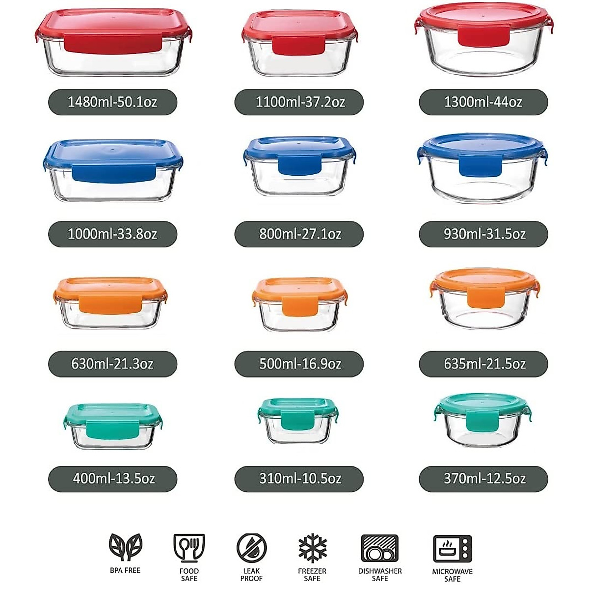 Klareware 24 Pieces Glass Food Storage Containers with Airtight Snap Locking Lids Pantry Kitchen Glass Meal Prep Lunch Containers Microwave Oven Freezer and Dishwasher Safe