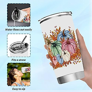 Jihqo Autumn Pumpkins Thanksgiving Tumbler with Lid and Straw, Insulated Stainless Steel Tumbler Cup, Double Walled Travel Coffee Mug Thermal Vacuum Cups for Hot & Cold Drinks 12oz