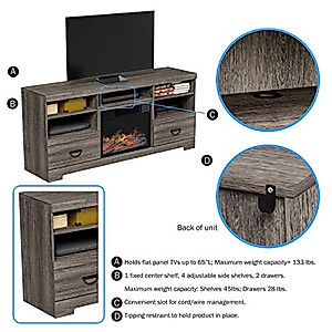 Electric Fireplace TV Stand- for TVs up to 65", Media Shelves & 2 Drawers, Remote Control, LED Flames, Adjustable Heat & Light by Lavish Home