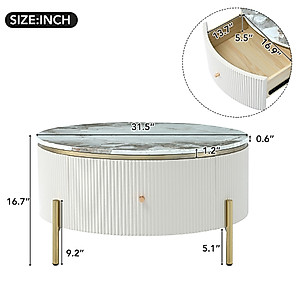Merax Modern Round Coffee Table Set with 2 Large Drawers Storage Golden Metal Leg Circular Marble Pattern for Living Room Apartment（31.5''）, Off White