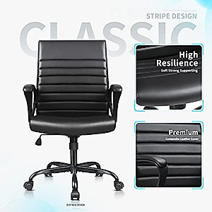 Devoko Office Chair Mid Back Desk Chair PU Leather Executive Office Chair Ribbed Computer Task Chair Swivel Rolling Chair with Padded Arms and PU Wheels, Black
