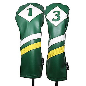 Majek Retro Golf Headcovers Green White and Yellow Vintage Leather Style 1 & 3 Driver and Fairway Head Cover Fits 460cc Drivers Classic Look