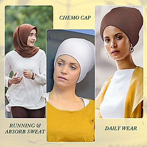 4 Pieces Women Hijab Caps Underscarf Turban Caps Skull Caps Soft Beanie Sleep Hats for Long Hair Men Women (Black, White, Grey, Brown)