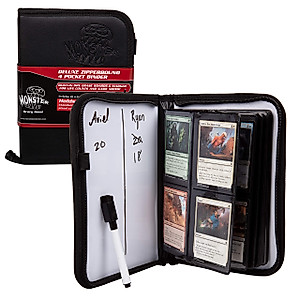 Monster Deluxe 4 Pocket Trading Card Leather Album - Zipper Closure, Built-in Dry Erase Boards and Marker, Side Loading Padded Double Sided Pockets, Holds 160 Cards, For Sport, Gaming, Kpop, Xmas Gift