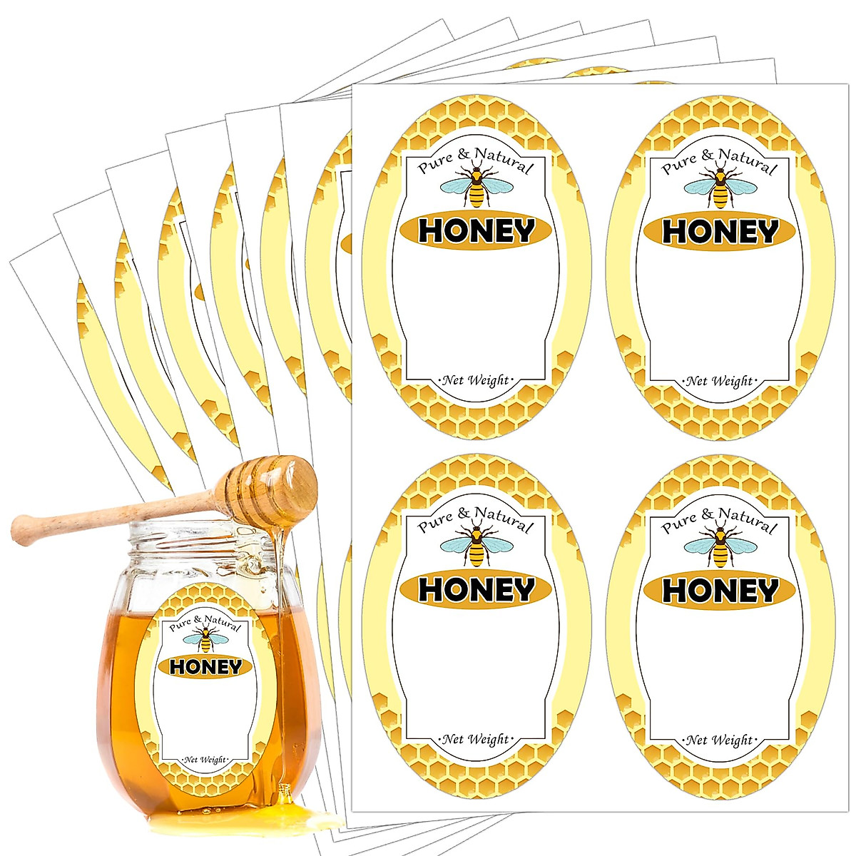 Pure Natural Honey Jars and Bottles Labels 2 x 3 Inch Honey Bottling Labels - Honey Farm Kitchen Name Home Business Round Mason Jar Labels for Honey Quart Jars and Honey Bears 60 Pcs