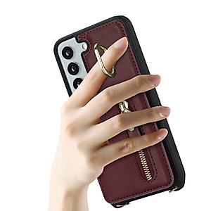 Jaorty for Samsung Galaxy S22 5G Phone Case for Women with Card Holder,Galaxy S22 Case Wallet Crossbody Lanyard with Strap,Credit Card Slots Kickstand Case with Ring Holder,6.1 Inch,Burgundy