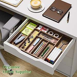 Kiasthome Acacia Wood Kitchen Silverware Drawer Organizer, Expandable Utensil Cutlery Drawer Organizer with Dividers, Flatware Organizer Silverware Tray for Spoon, Fork, 13''-21''x16.9'' (6-8 Slots)