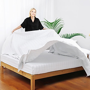 Flat Sheet Only King Size, 400 TC 100% Egyptian Cotton Flat Sheet Striped Satin-White Cotton Top Sheet- Wrinkle, Fade, Stain Resistant (Striped-White, King)