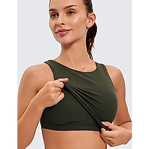 CRZ YOGA Butterluxe Womens Racerback High Neck Longline Sports Bra - Padded Workout Crop Tank Tops with Built in Shelf Bra Olive Green Medium