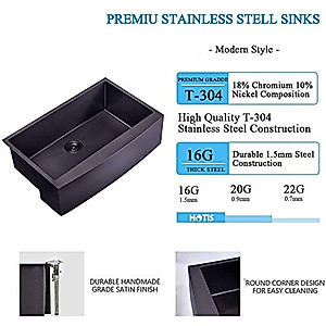 Hotis Black Farmhouse Sink, 33 Inch Farm Sink, Apron-Front 304 Stainless Steel Farmhouse Kitchen Sink, Single Bowl Undermount Apron Sink With Dish Grid