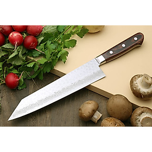 Yoshihiro VG-10 Hammered Damascus Kiritsuke Sword Tip Multipurpose Japanese Chef Knife 8.25 inch - Western Style Mahogany Handle