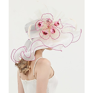 RZTA Women's Kentucky Derby Church Dress Hat Wide Brim Leaf Flower Bridal Shower Hat 01White,Pink