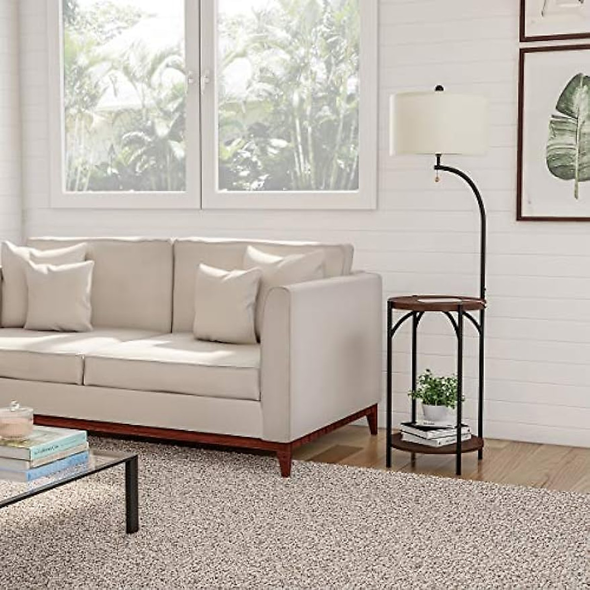 MDYBF Floor Lamp with Table, Modern Rustic Side Table with USB Charging Port, LED Bulb and Drum Shade. (Dark Brown, Black and Off-White)