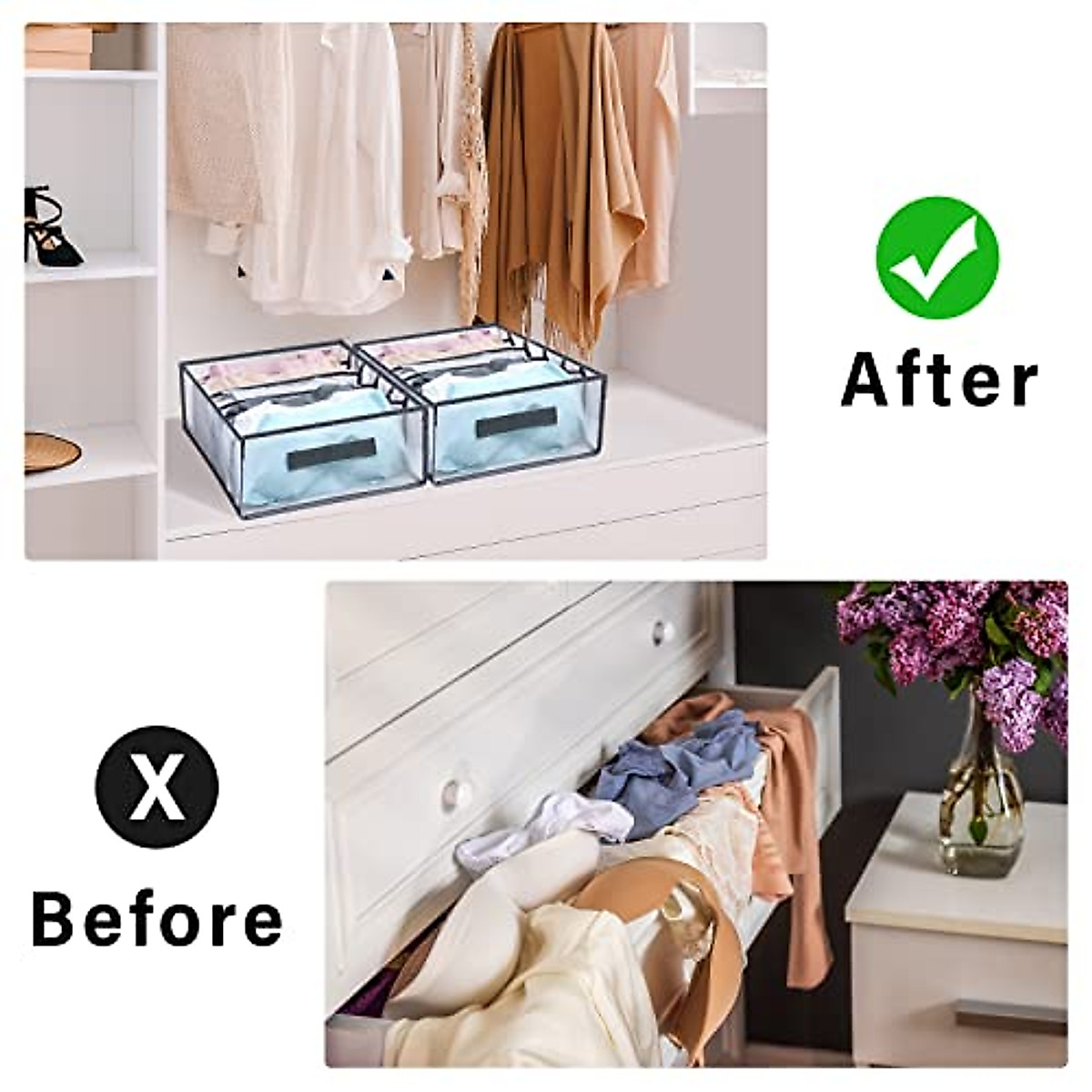 Hodeuineer Wardrobe Clothes Organizer for Bra,6 Grid Foldable Drawer Organizers For Clothing,Oversized Space Underwear Organizer(2Pack,Grey)