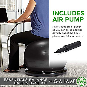 Gaiam Essentials Balance Ball & Base Kit, 65cm Yoga Ball Chair, Exercise Ball with Inflatable Ring Base for Home or Office Desk, Includes Air Pump, Black