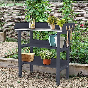 Elevens Potting Bench Tables Outdoor, Potting Table Garden Work Station Metal Tabletop Solid Wood Planting Bench with 2 Tier Storage Open Shelf (4 Feet/Grey)