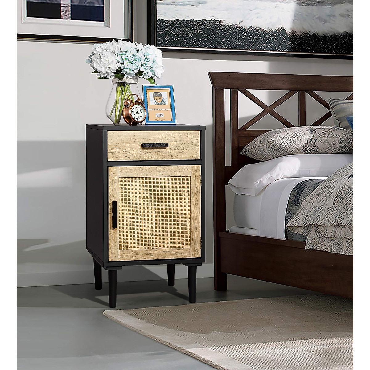 Finnhomy Tall Nightstands Set of 2, Night Stand, Bedside Table Set of 2 with Drawer and Shelf, Hand Made Rattan Decorated Doors, Nightstands with Storage for Bedroom, Black, 2 Pack