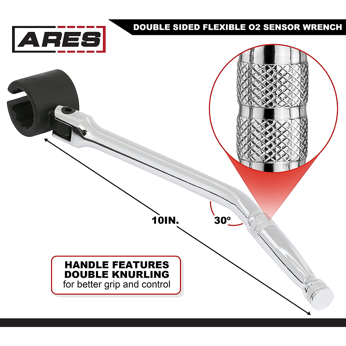 ARES 14021 – Double Sided Flexible O2 Sensor Wrench – Flex Head Design for Access in Tight Spaces – 6 Point and 12 Point Socket Head Configurations - Remove and Install 7/8” (22mm) O2 Sensors