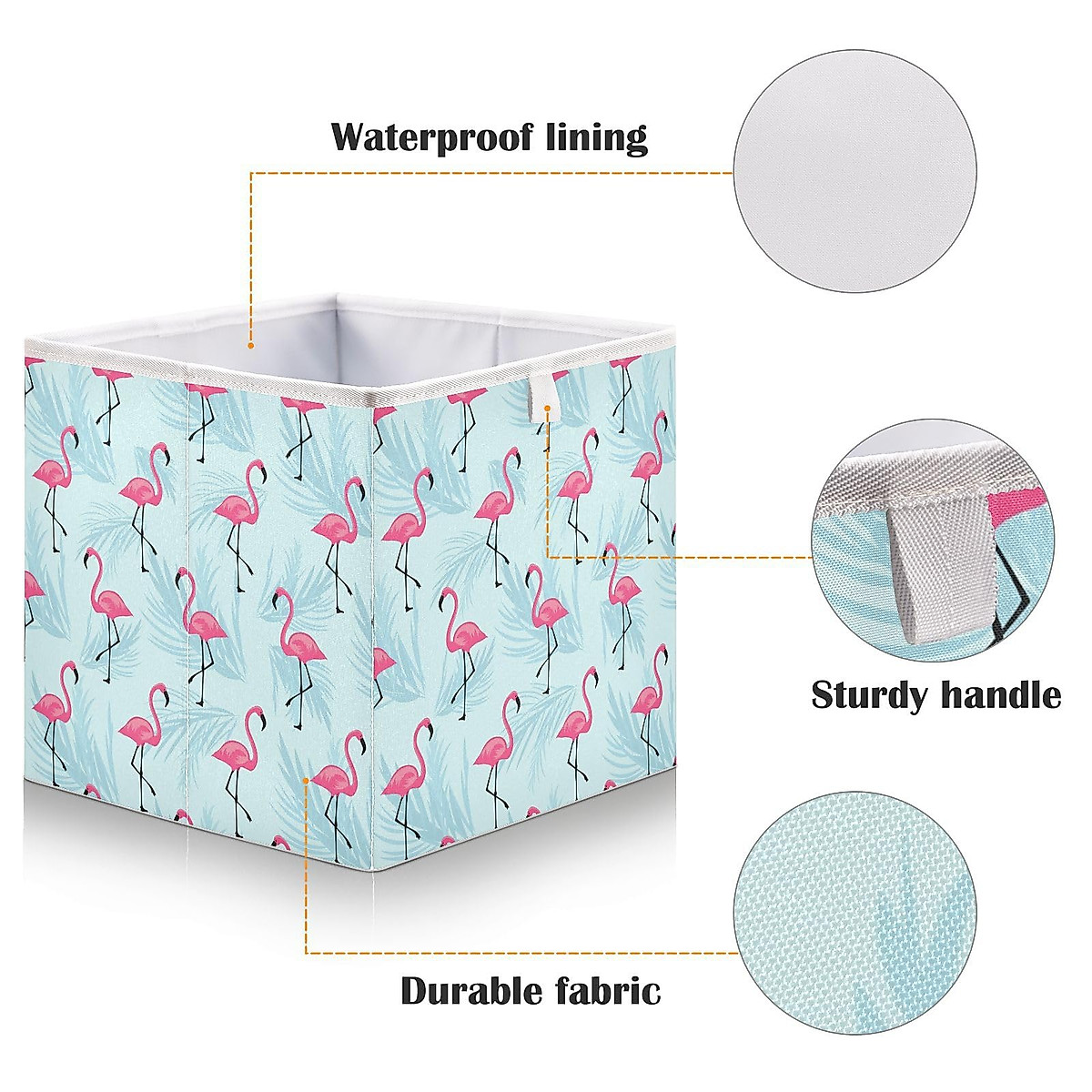 FUGIDOG 11x11x11 inch Fabric Storage Bins Tropical Pink Flamingo Foldable Storage Cubes Baskets with Handles Clothes Toys Storage Box for Nursery Closet Shelves Organizer