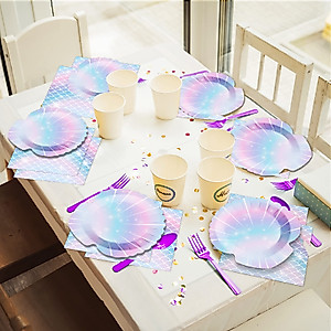 ZOIIWA 96 Pieces Mermaids Themed Party Decorations Mini Under the Sea Party Tableware for Girls Clam Shell Party Dessert Plates Napkins Forks for 24 Guests Birthday Party Favors