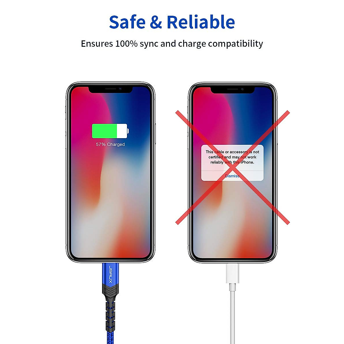 JSAUX iPhone Charger Cable [2-Pack 6ft], MFi Certified Lightning Cable iPhone Fast Charging Charger Cable Cord Compatible with iPhone 13 12 11 Xs Max X XR 8 7 6s 6 Plus 5, iPad, iPod - Blue