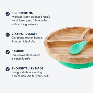 Avanchy Toddler Baby Plates Divided Bamboo, Suction for Babies Kids Toddler Food with Silicone Spoon for Feeding, Gray