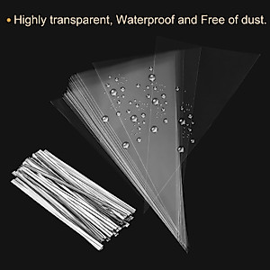 uxcell 100 Pcs Cone Cello Bags, Clear Flat Plastic Cello Treat Bags with Silver Twist Ties Candy Bags Cookie Bags for Christmas Snacks Candy Cookie Sweet