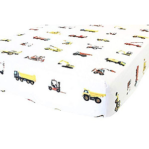 Bundle of ADDISON BELLE Products - 100% Cotton Fitted Crib Sheet + Muslin Swaddle - Construction Trucks - Soft, Durable & Breathable
