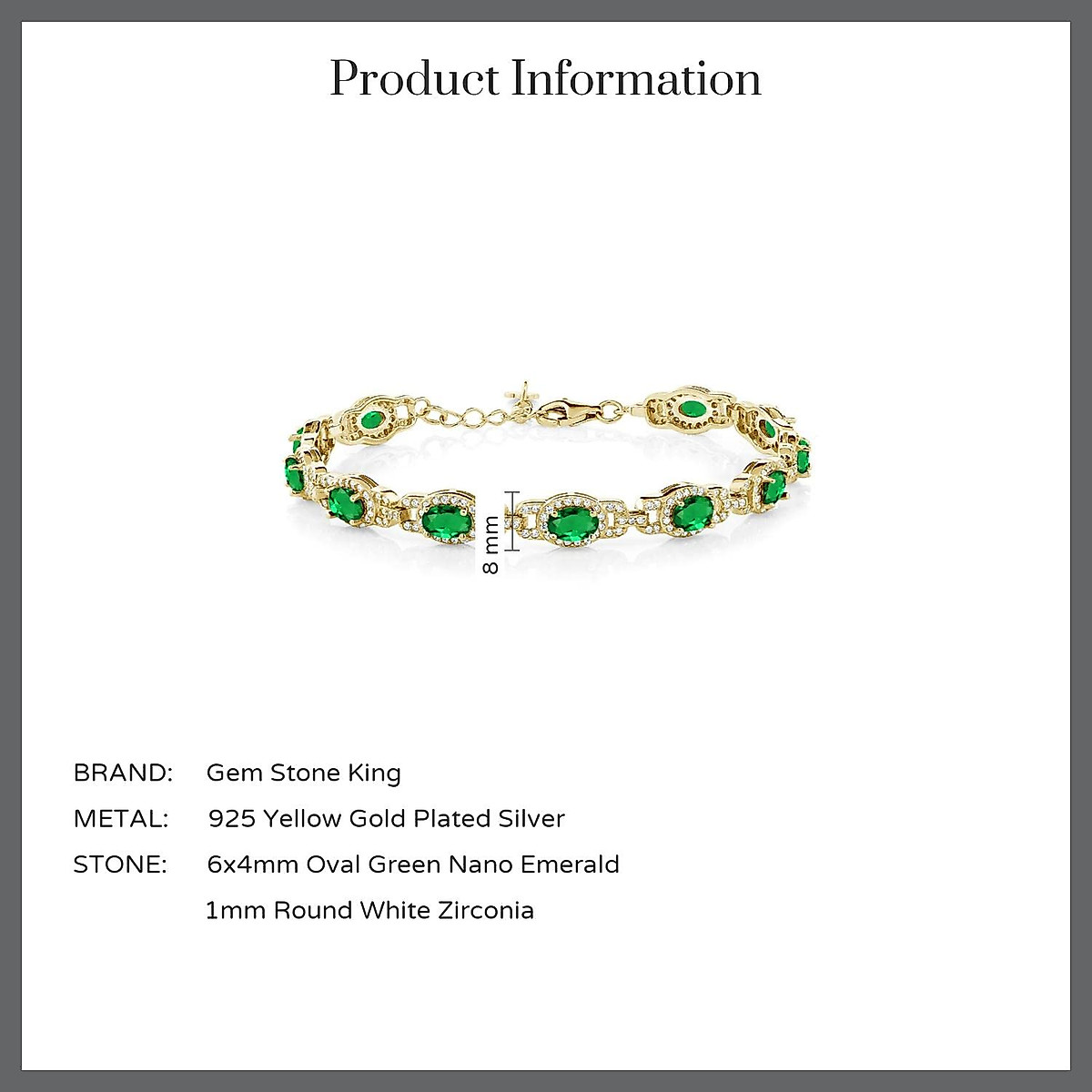 Gem Stone King 18K Yellow Gold Plated Silver Green Simulated Emerald Tennis Bracelet For Women (8.00 Cttw, Oval 6X4MM, 7 Inch With 1 Inch Extender)