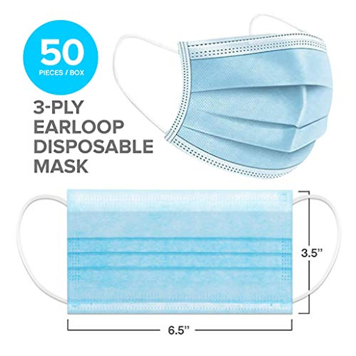 RightCare 3-ply Face Masks for General Use Protection, Light Blue, Box of 50 Disposable Masks, 1 Count
