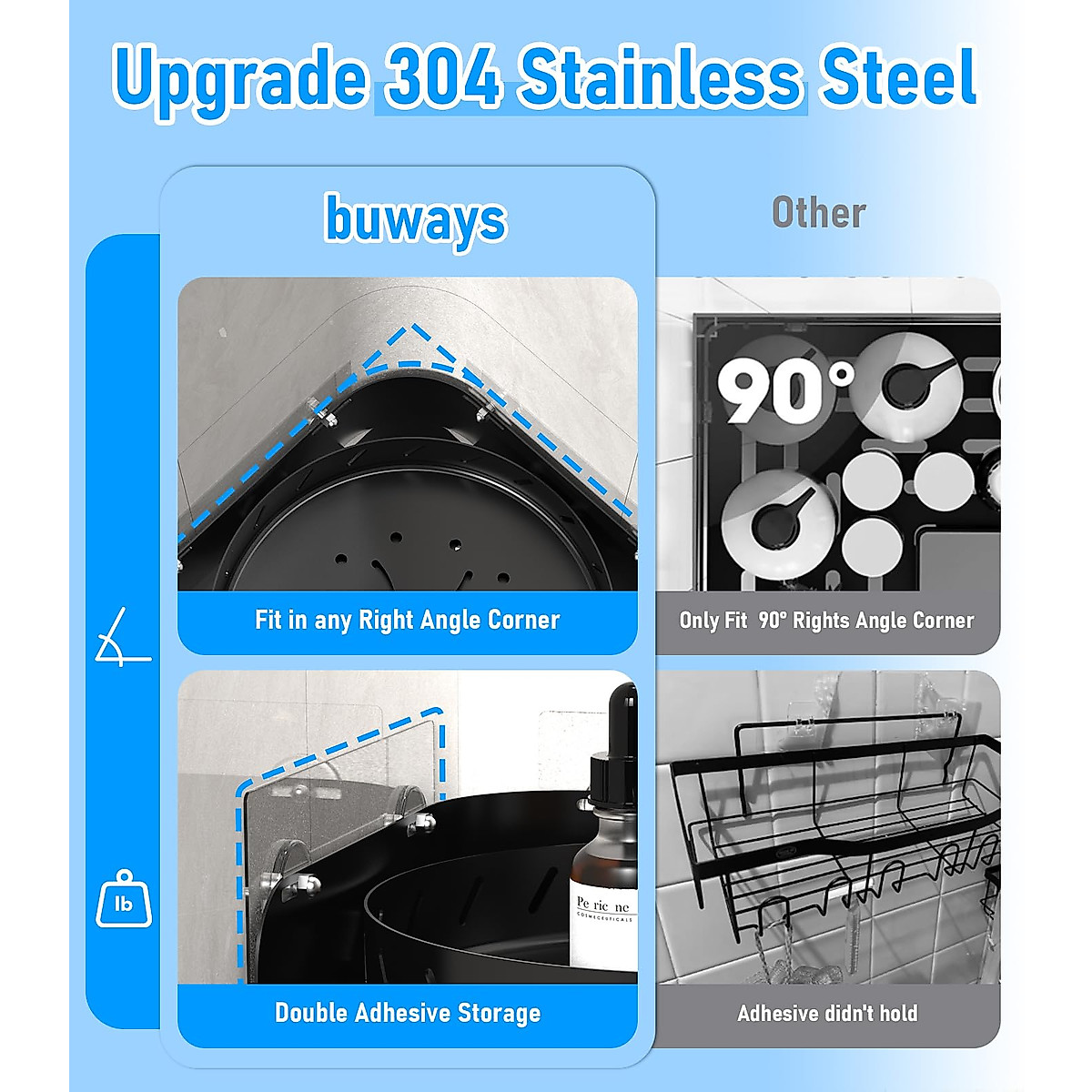 360°Rotating Corner Shower Caddy Shelf With 6 Hooks,2PACK Bathroom Lazy Susan Shower Organizer Corner with 5Pcs Adhesive,Stainless Steel Shower Racks for Inside Shower for Home Apartment Decor(Black）