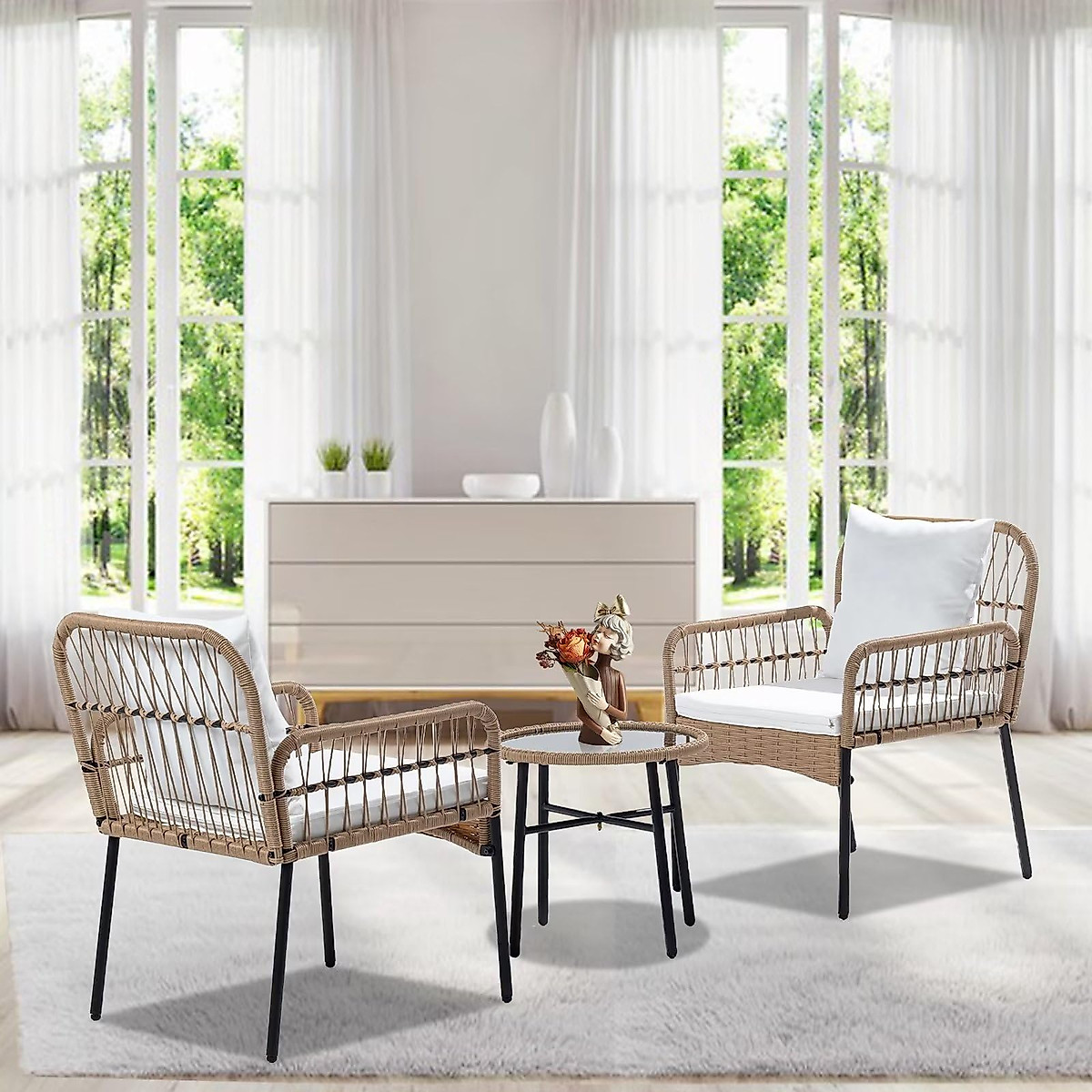 Homsido Patio Furniture Set 3 Pieces Small Boho Outdoor Rattan Woven Chairs Wicker Sofa Garden Conversation Balcony Bistro Sets for Yard,Pool or Backyard,Front Porch(Beige Wicker White Cushions)