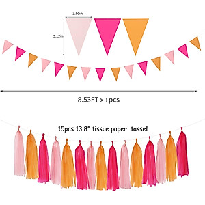 Hot-Pink Burnt-Orange Fall Party Decorations - 23pcs Birthday Baby Shower Tissue Pom Poms Streamers,Sunset Autumn Thanksgiving Tassel Garland Banner,Bridal Wedding Graduation Decor Backdrop Ouruola