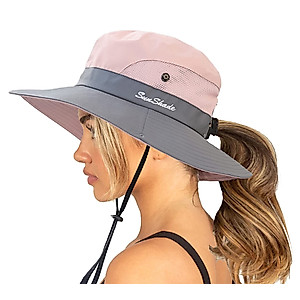 Womens Summer Sun-Hat Outdoor UV Protection Fishing Hat Wide Brim Foldable-Beach-Bucket-Hat with Ponytail-Hole Pink