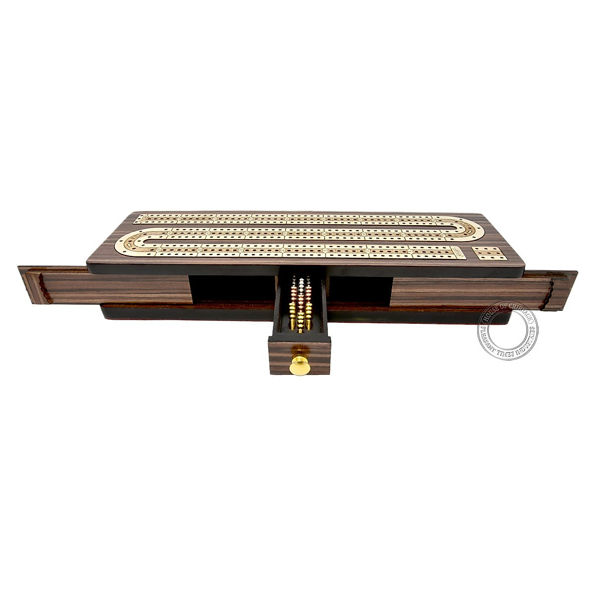 House of Cribbage - Continuous Cribbage Board/Box Inlaid in Rosewood/Maple 12" - 3 Tracks - Sliding Lid Drawer