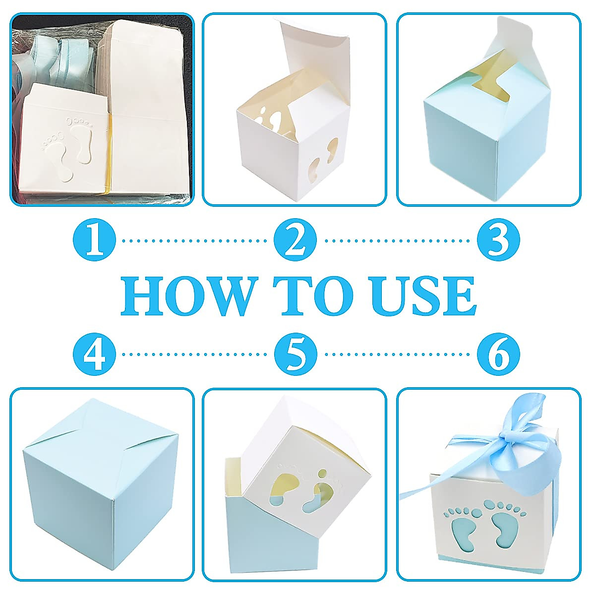HADEEONG 50pcs Baby Shower Party Favor Boxes, 2.4 x 2.4 inch Small Candy Gift Treat Boxes Footprint Design for Kids Birthday Baby Shower Guests Wedding Party Supplies with Ribbon,Blue