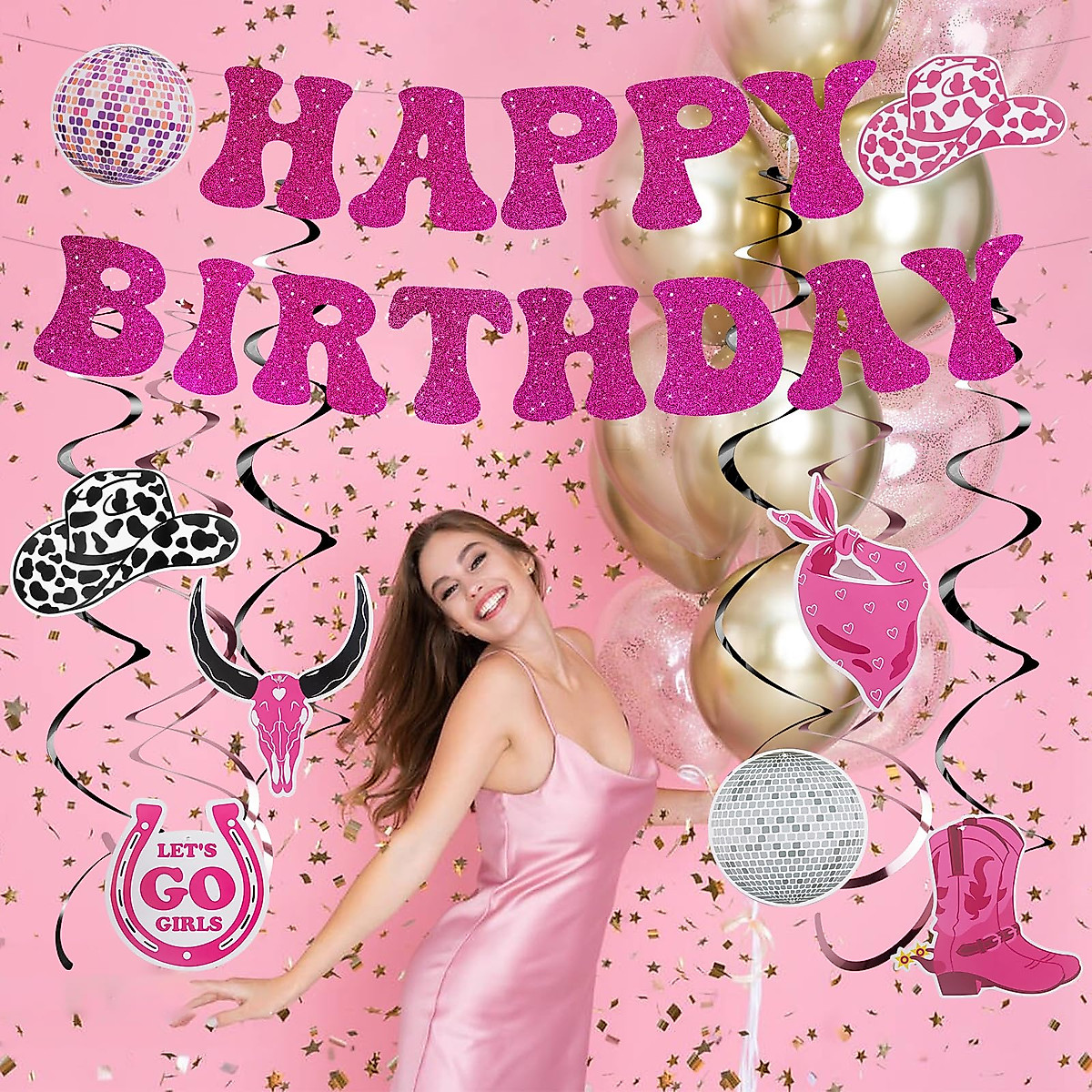 Western Cowgirl Party Hanging Decorations,Disco Cowgirl Birthday Party Decorations Hot Pink Happy Birthday Banner Disco Cowgirl Hanging Swirls Bachelorette Party Decor Supplies for Women Girls