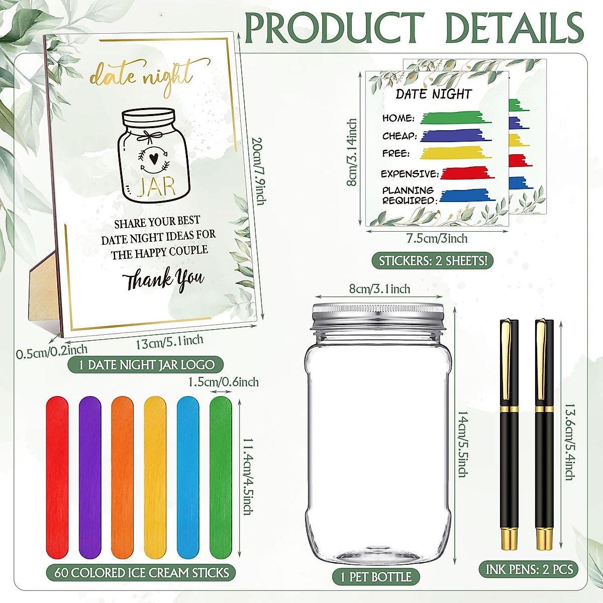 Cinnvoice 66 Pcs Eucalyptus Bridal Shower Games Date Night Game Sign with Holder 19 oz Wish Jar 2 Stickers 60 Colored Wooden Sticks 2 Pens Greenery Bachelorette Games Supplies Couples Newlywed Gift