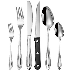 Silverware Set with Steak Knives, Caliamary 24-Piece Stainless Steel Flatware Cutlery Set for 4, Kitchen Cutlery Set for Home Kitchen Restaurant Hotel, Mirror Polished, Dishwasher Safe