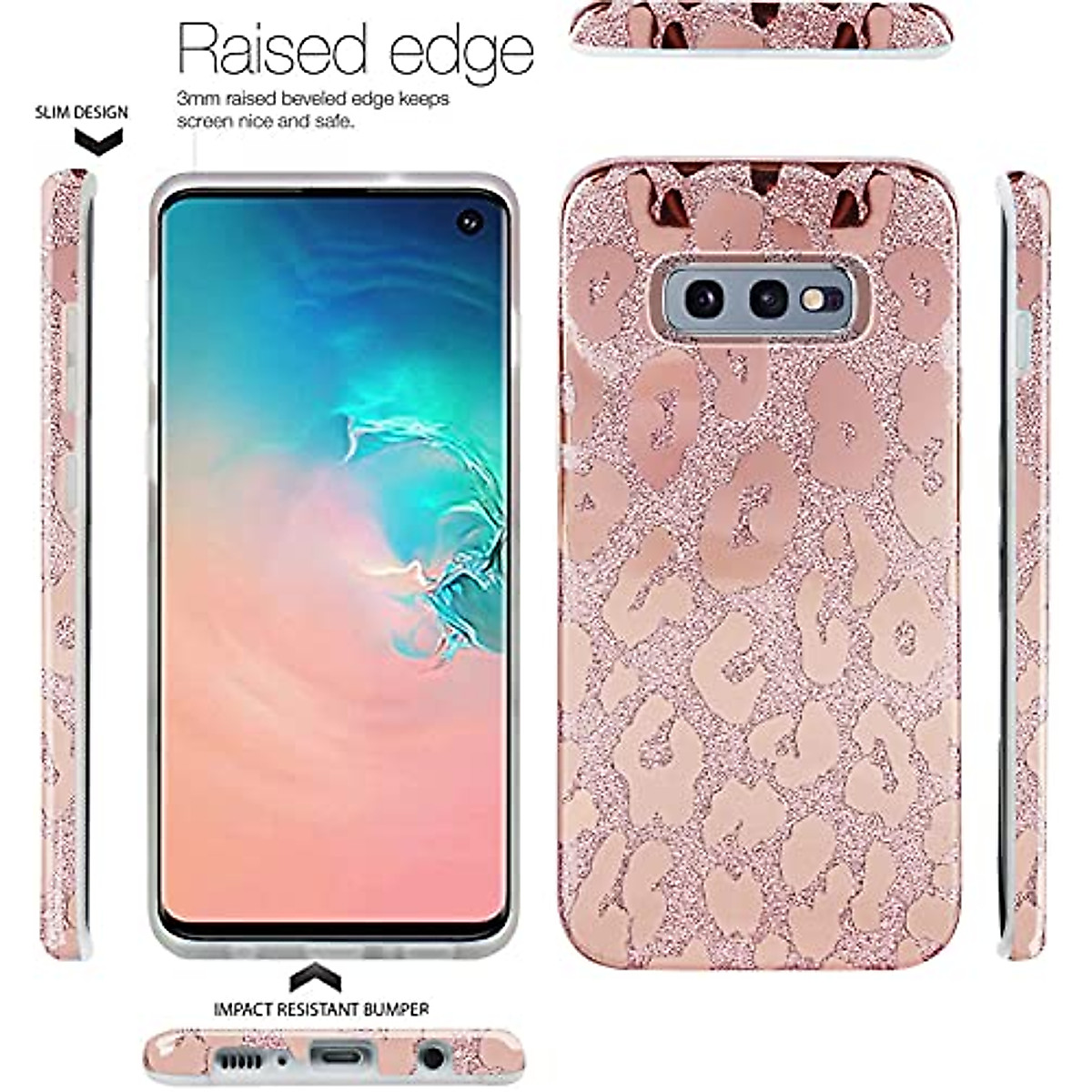 J.west Galaxy S10E Case 5.8-inch, Luxury Saprkle Bling Glitter Leopard Print Design Soft Metallic Slim Protective Phone Cases for Women Girls TPU Silicone Cover Case for Samsung S10e Rose Gold