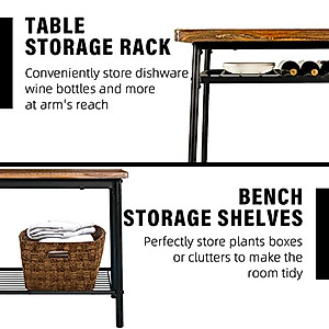 GRAVFORCE 6-Piece Home Dining Table Set, Kitchen Table and Chairs Set for 6 w/Storage Racks, Rectangular Table, Bench, 4 Chairs for Living Room, Dining Room, Small Apt, Dinette - Brown