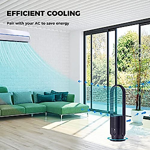 ULTTY Bladeless Tower Fan and Air Purifier in one, 90° Oscillating Bladeless Fan with Remote, Touch, 8H Timer, Floor Fans for Bedroom Whole Room Home Office R021, Black